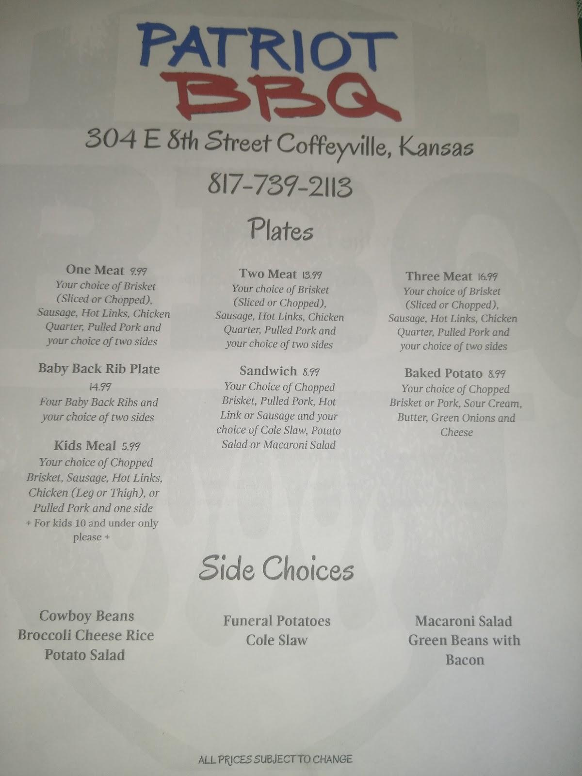 Menu at Patriot BBQ, Coffeyville
