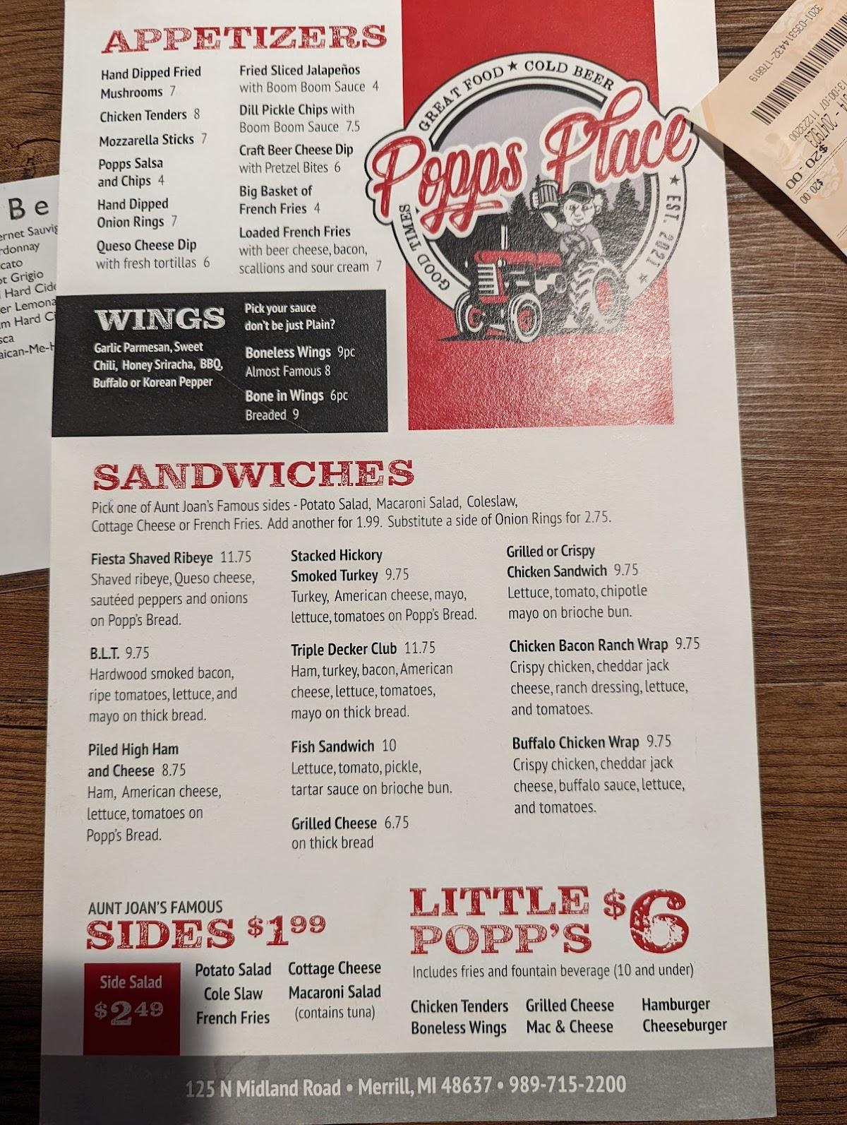 Menu at Popp's Place restaurant, Merrill