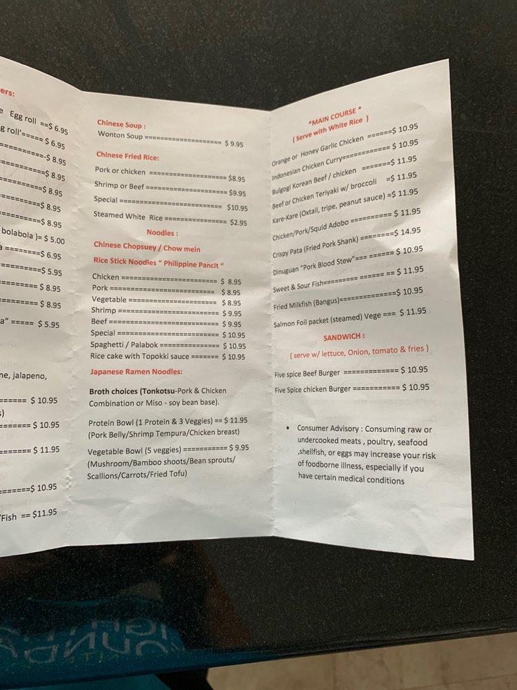 Menu at San Villa Asian Fusion restaurant, Miami