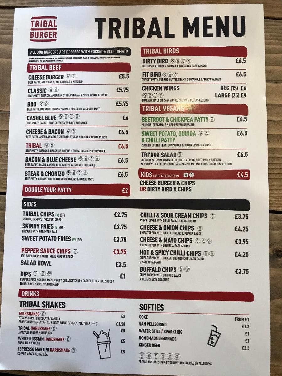 Menu at Tribal Burger - (Botanic Avenue) restaurant, Belfast, 86 ...