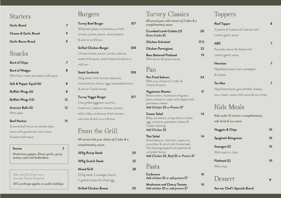 Menu at Turvey Park Hotel pub & bar, Mount Austin, 71 Bolger Ave
