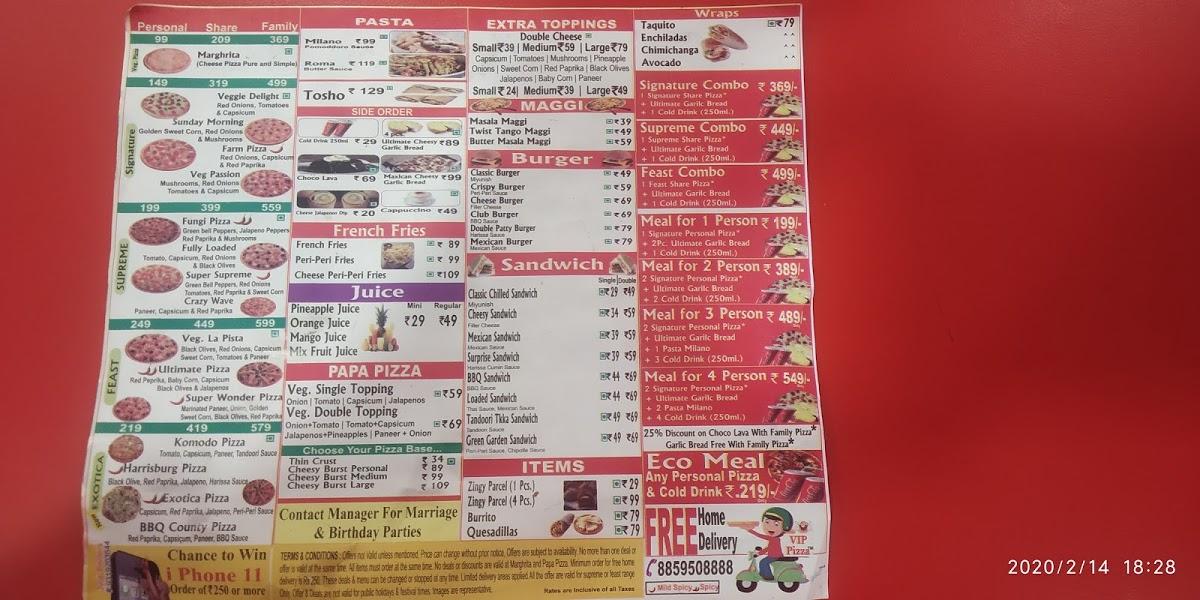 Menu at VIP Pizza, Etah