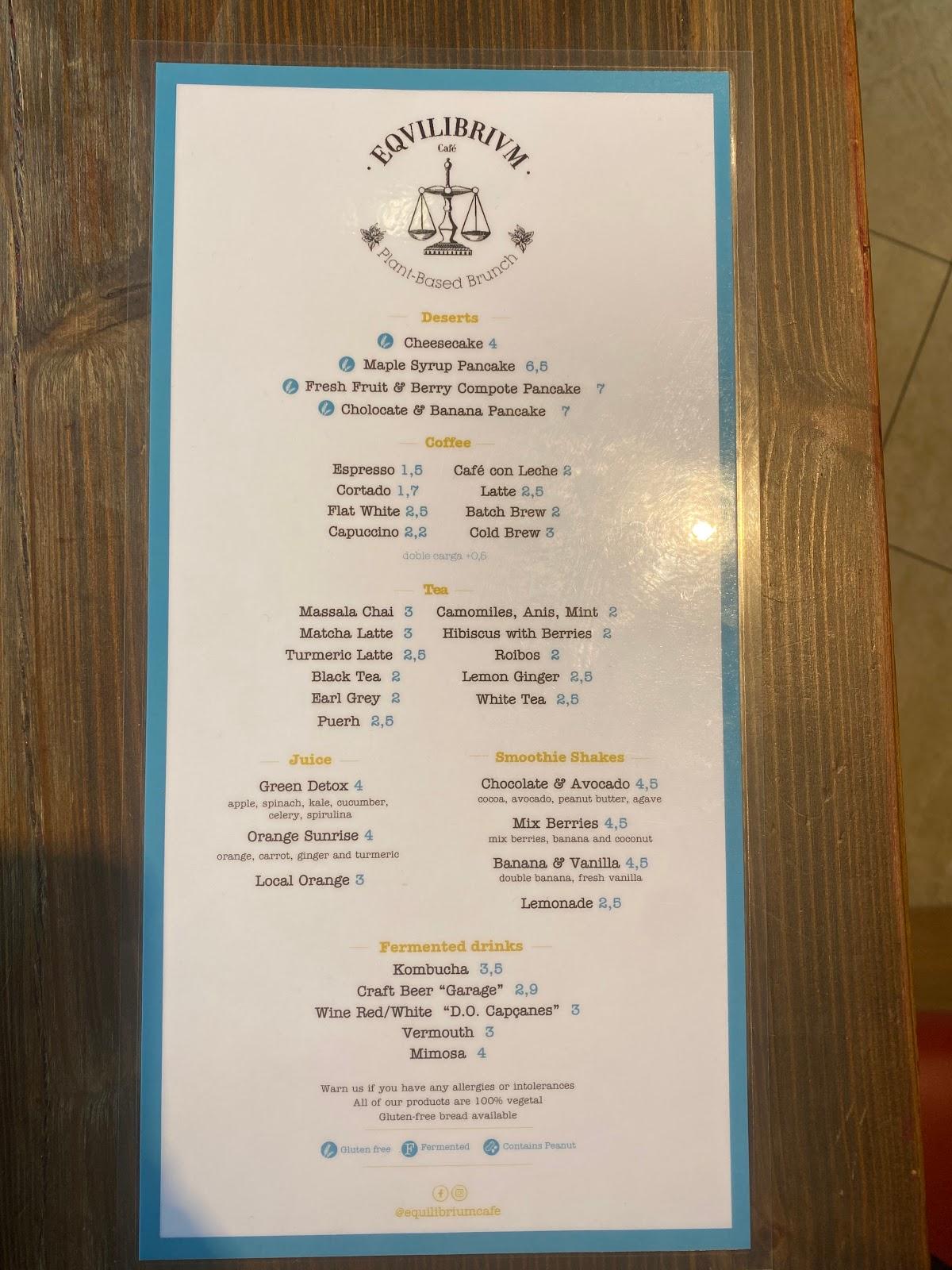 Carta de EQUILIBRIUM CAFÉ, Barcelona, C/ de València