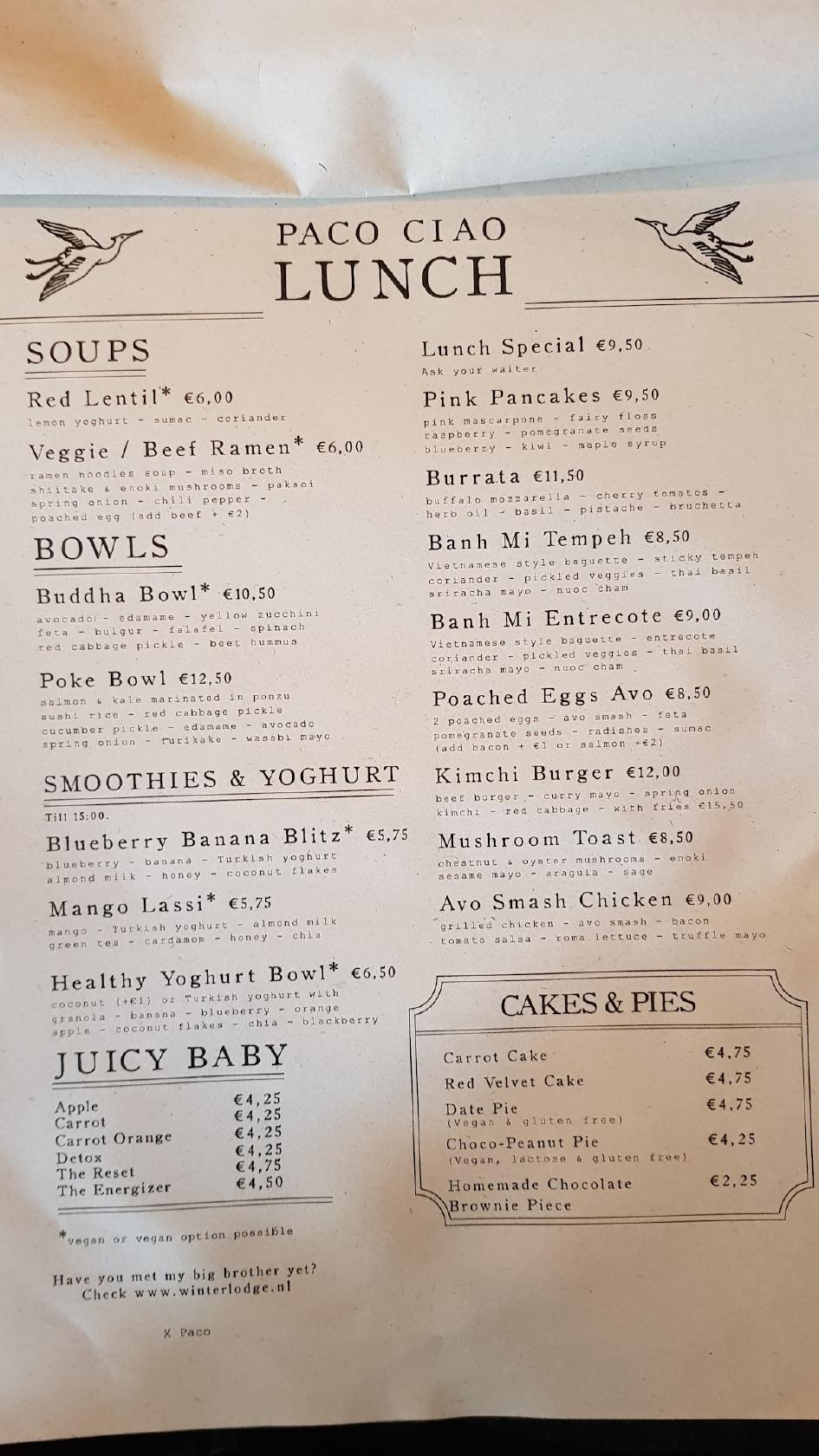 Menu at Paco Ciao, Leiden