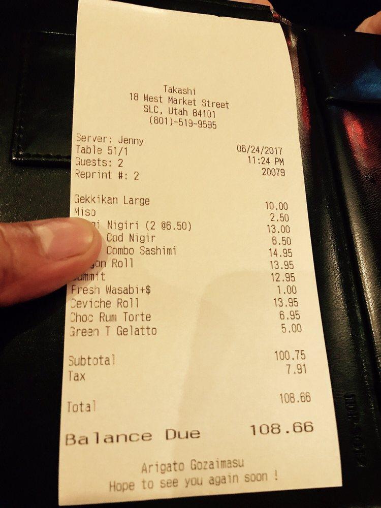 Menu at Takashi restaurant, Salt Lake City