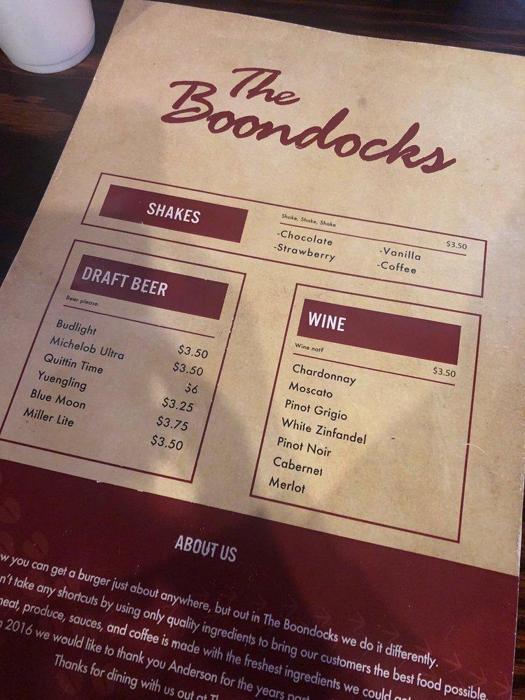 Menu at The Boondocks restaurant, Anderson, North Highway 81 Iva