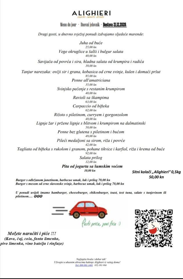 Menu at Bistro Alighieri restaurant, Pula