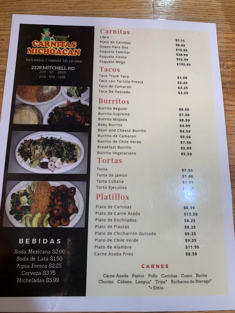 Menu at Carnitas Michoacan restaurant, Ceres