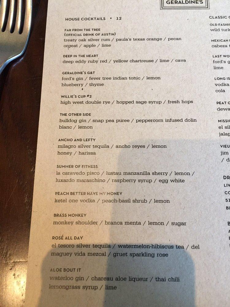 Menu at Geraldine's pub & bar, Austin