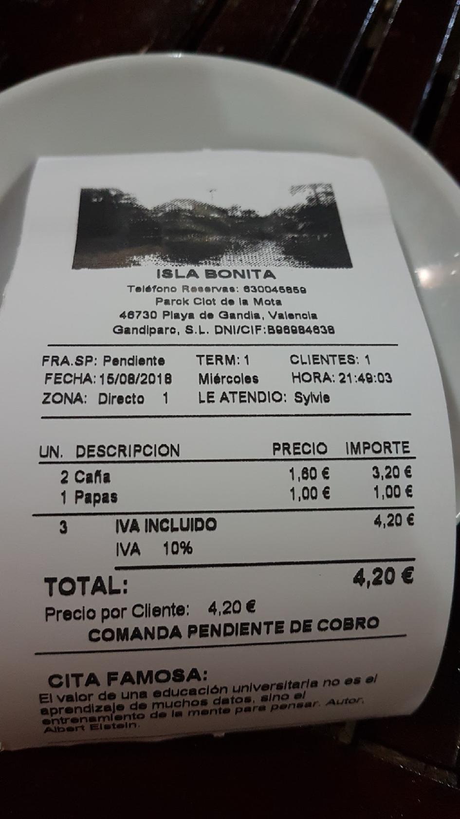 Carta de Isla Bonita - Snack Bar, Grau y Playa