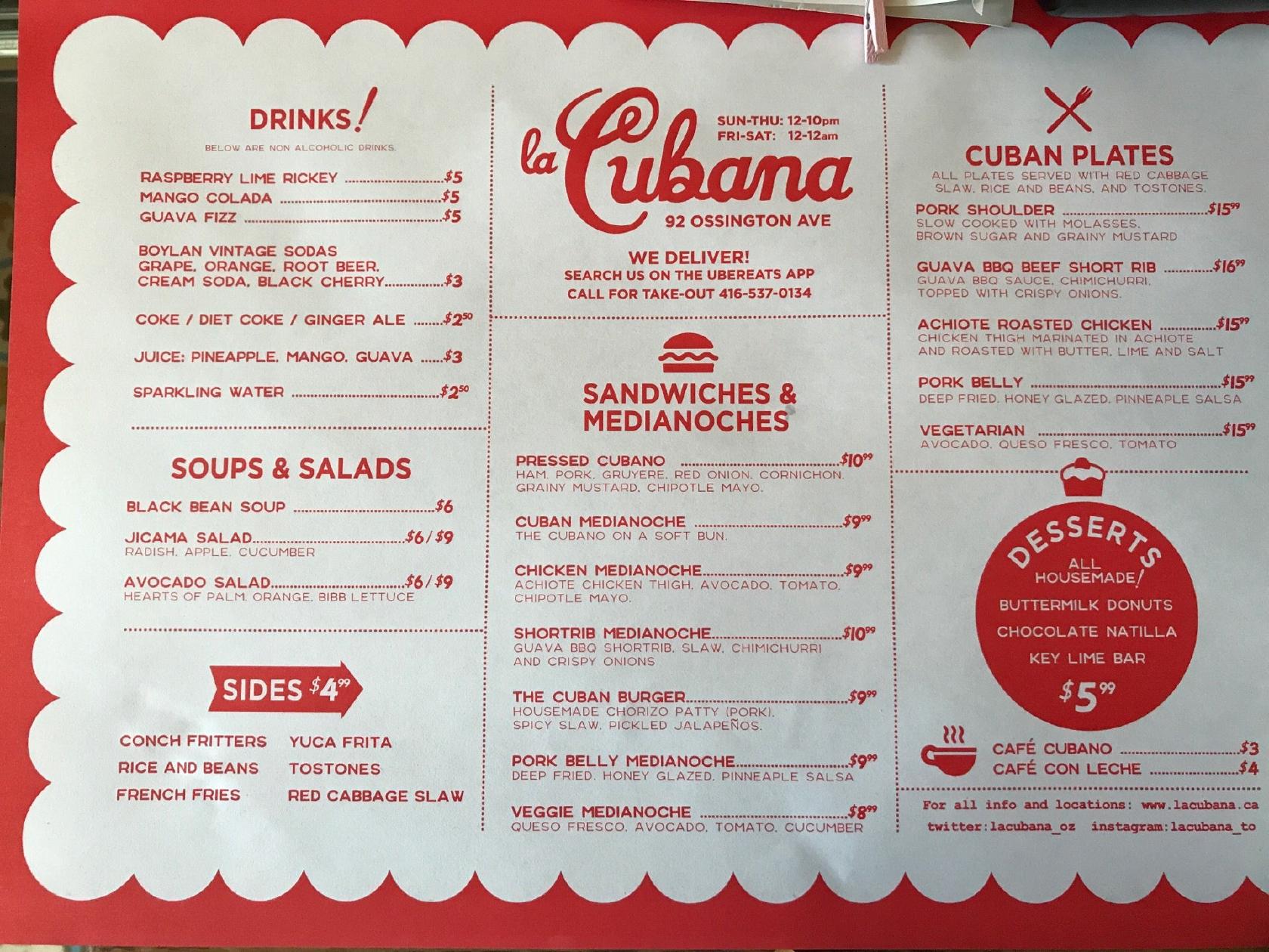 Menu at La Cubana desserts, Toronto, 92 Ossington Ave