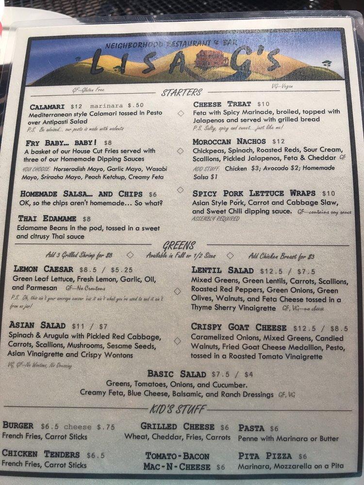Menu at Lisa G's restaurant, Lake Placid