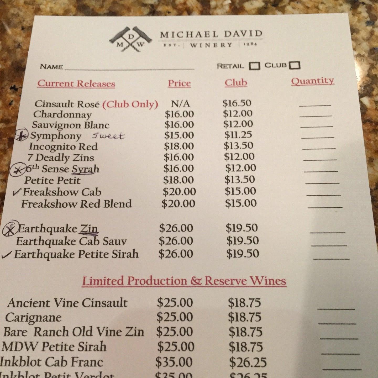 Menu at Michael David Winery pub & bar, Lodi