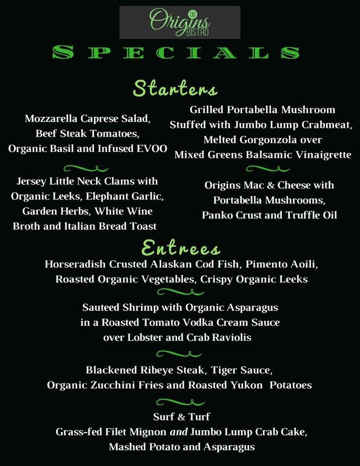 Menu at Origins Bistro restaurant, Point Pleasant