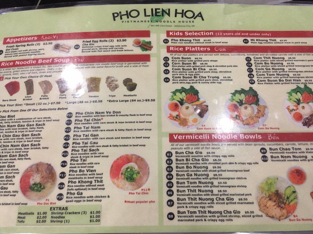 Menu at Pho Lien Hoa restaurant, Oklahoma City, 901 NW 23rd St