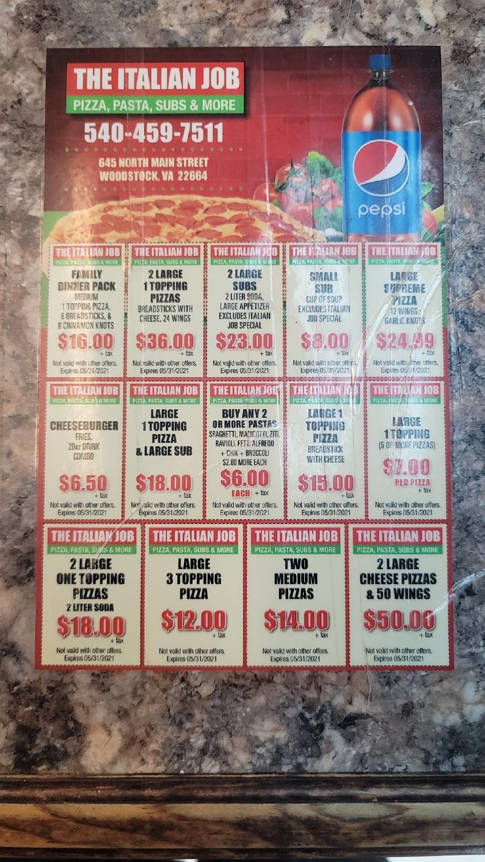 Menu at The Italian Job restaurant, Woodstock
