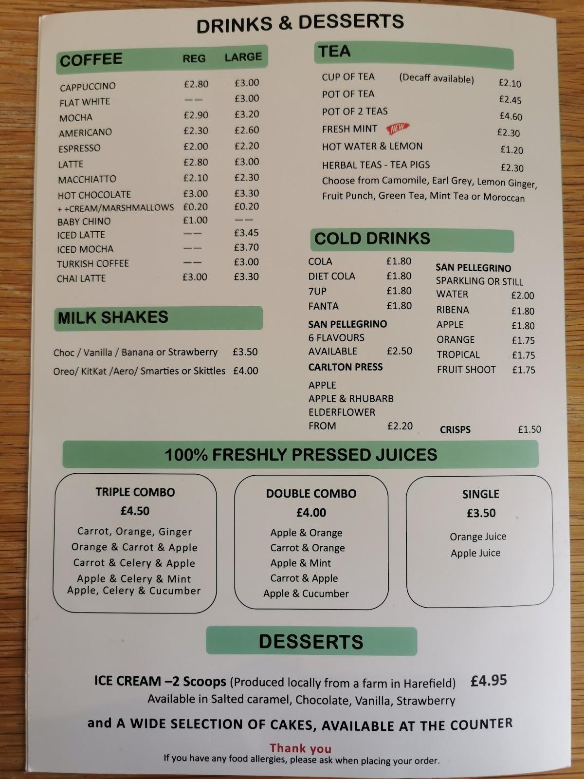 Menu at The Rhubarb Cafe, Watford