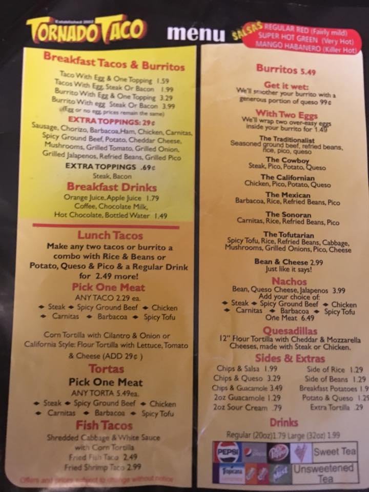 Menu at Tornado Taco restaurant, Missouri City, FM 1092 Rd