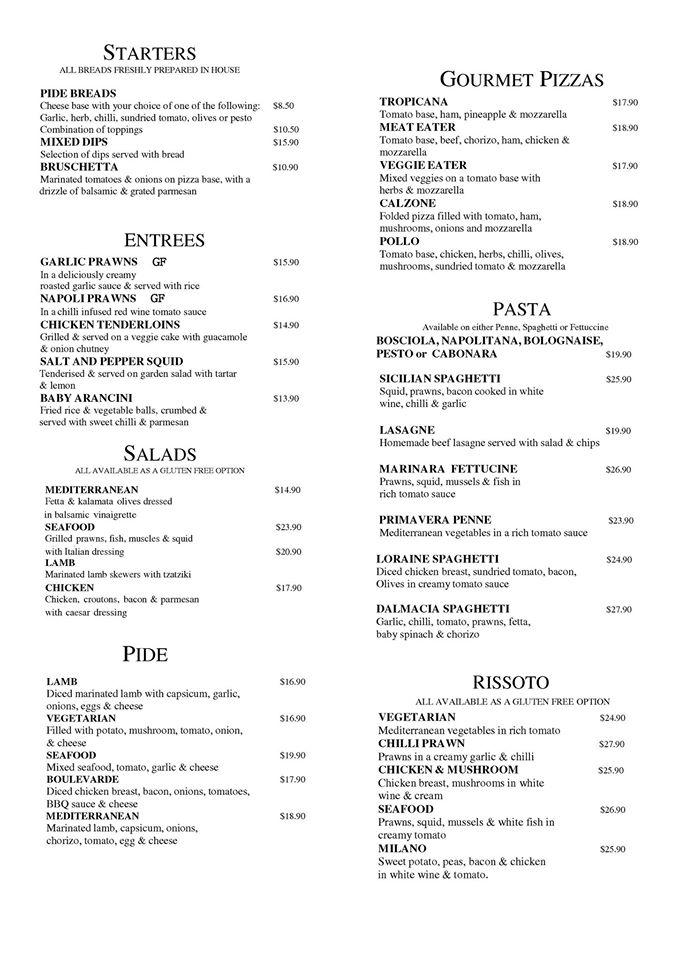 Menu at Café Déja Vu restaurant, Toronto