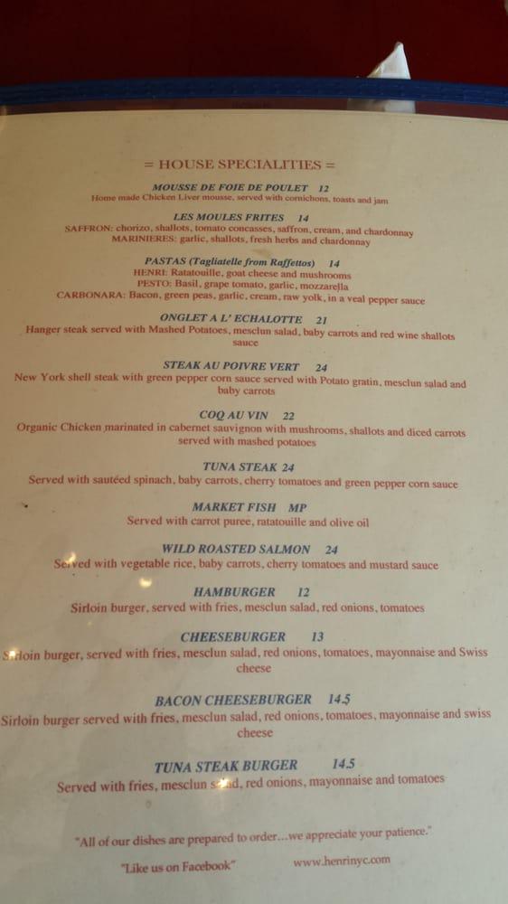 Menu at Café Henri cafe, New York City, 50th Ave