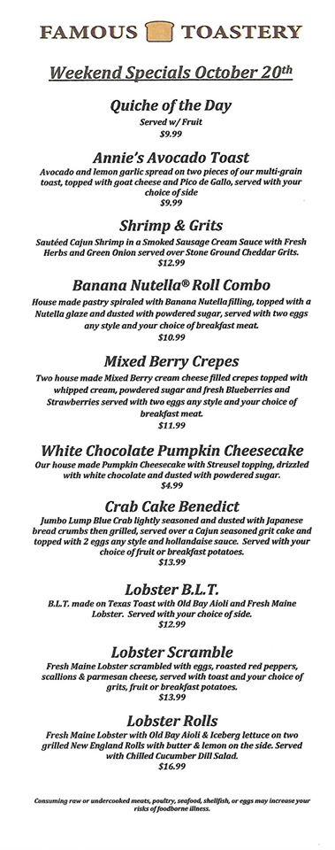 Menu at Famous Toastery Keagy Village restaurant, Roanoke