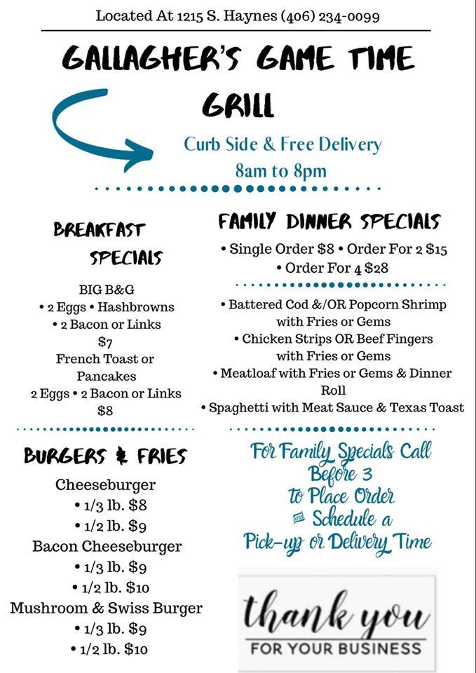 Menu at Gallagher's Game Time Grill restaurant, Miles City