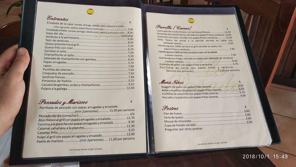 Carta del restaurante Grill la posada, Caleta del Famara