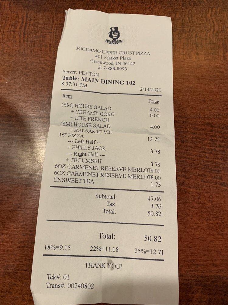 Menu at Jockamo Upper Crust Pizza pub & bar, Greenwood, 401 Market Plaza