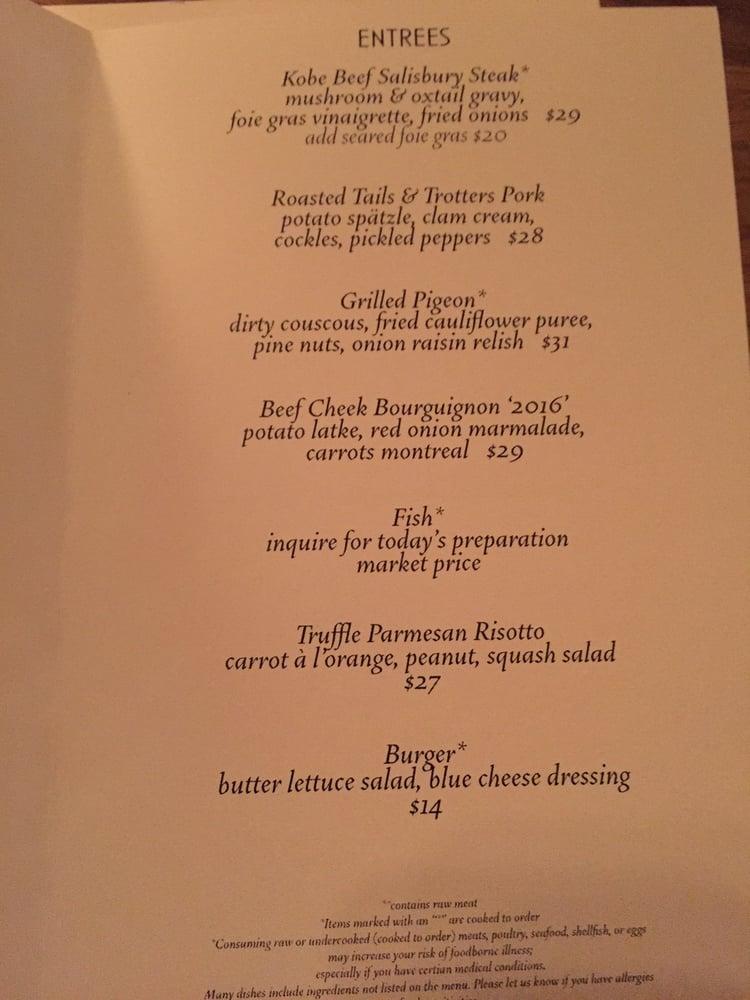Menu at Le Pigeon restaurant, Portland