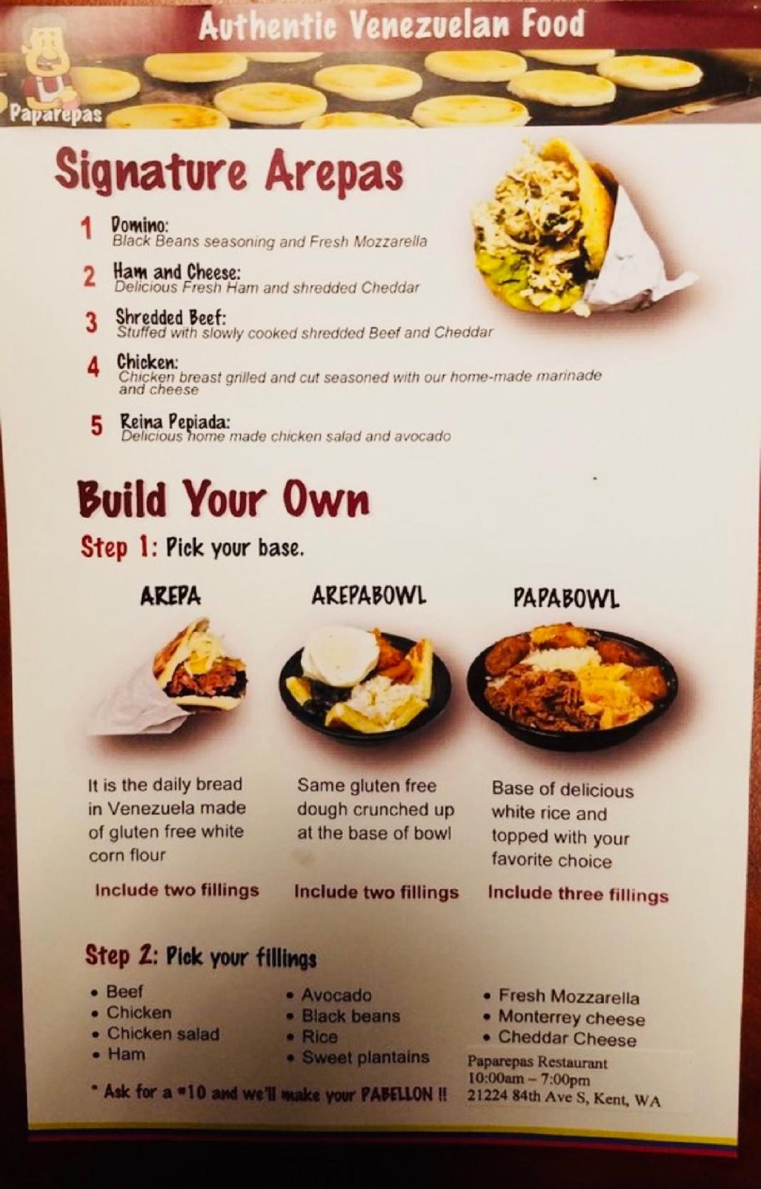 Menu at Paparepas Venezuelan Food restaurant, Kent, 84th Ave S