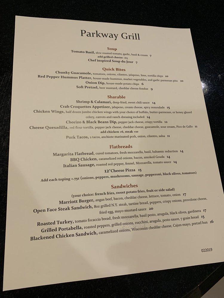 Menu at Parkway Grill restaurant, Deerfield