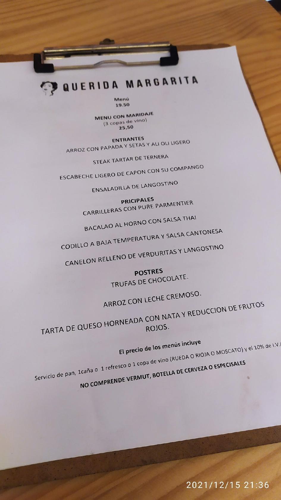 Carta del restaurante Querida Margarita, Santander, C. Andrés del Río