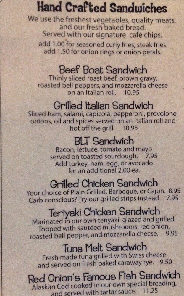 Menu at The Red Onion restaurant, Lake Havasu City