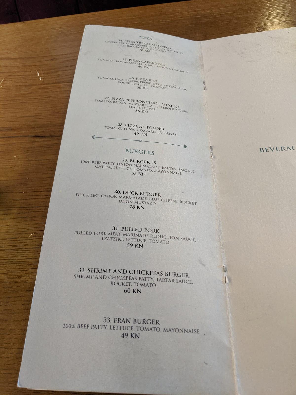 Menu at Bistro 49 restaurant, Dubrovnik