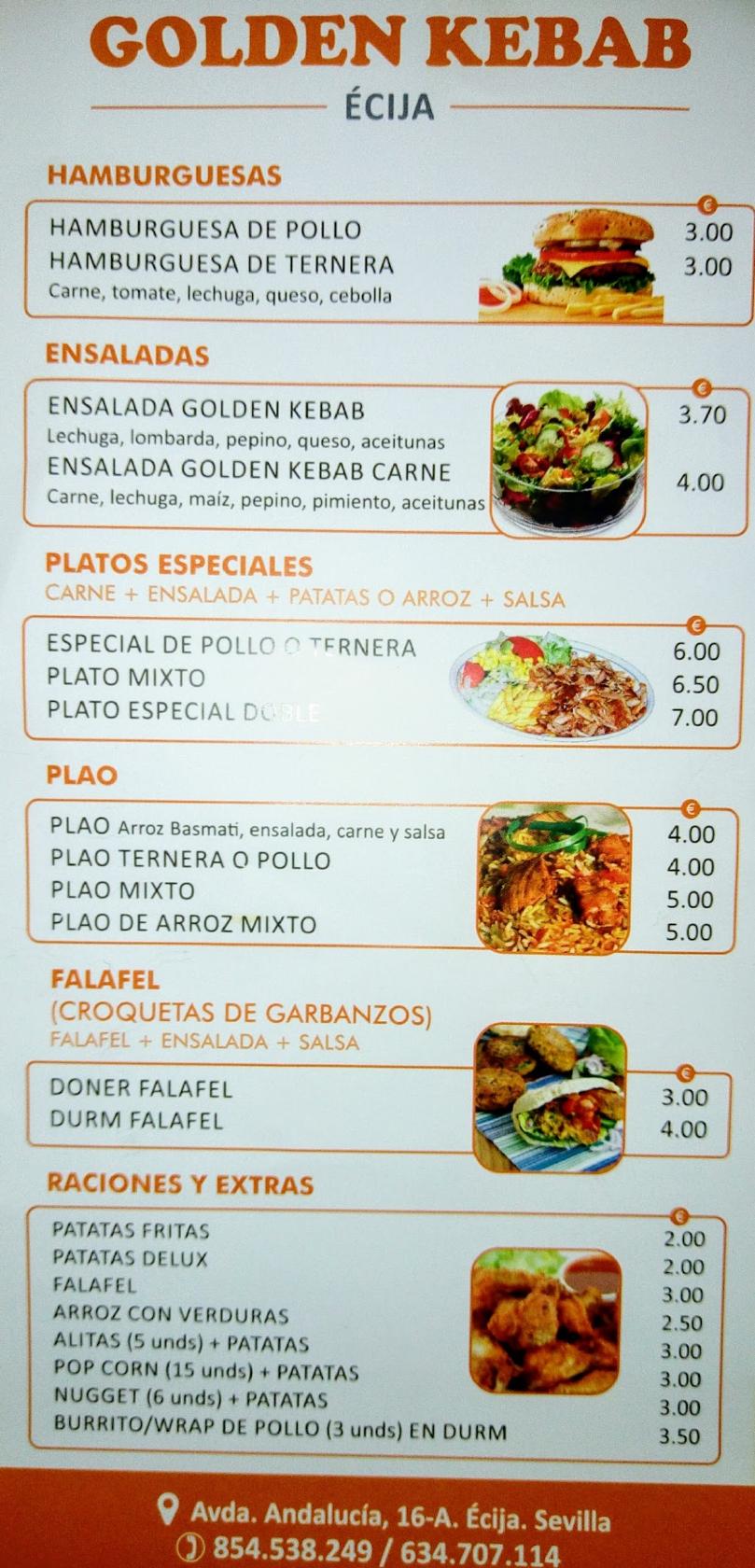 Carta del restaurante Golden Kebab Écija, Écija