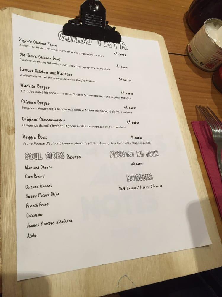 Menu at Gumbo Yaya restaurant, Paris