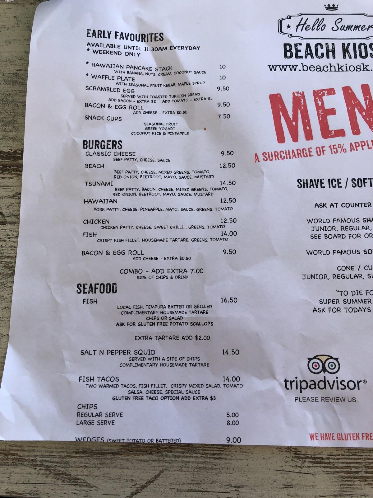 Menu at Hello Summer Beach Kiosk pub & bar, Bunbury