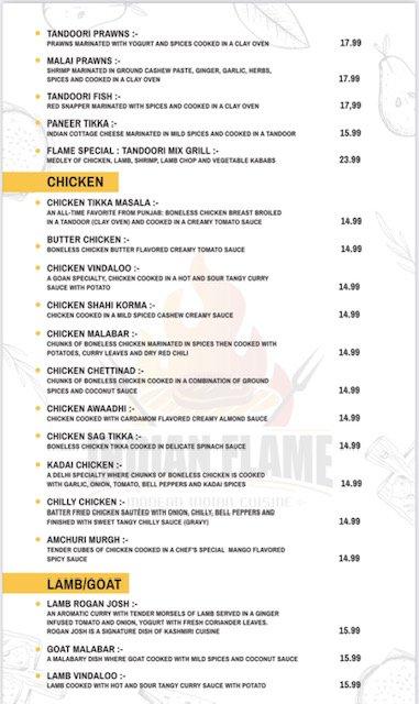 Menu at Indian Flame restaurant, Wynantskill