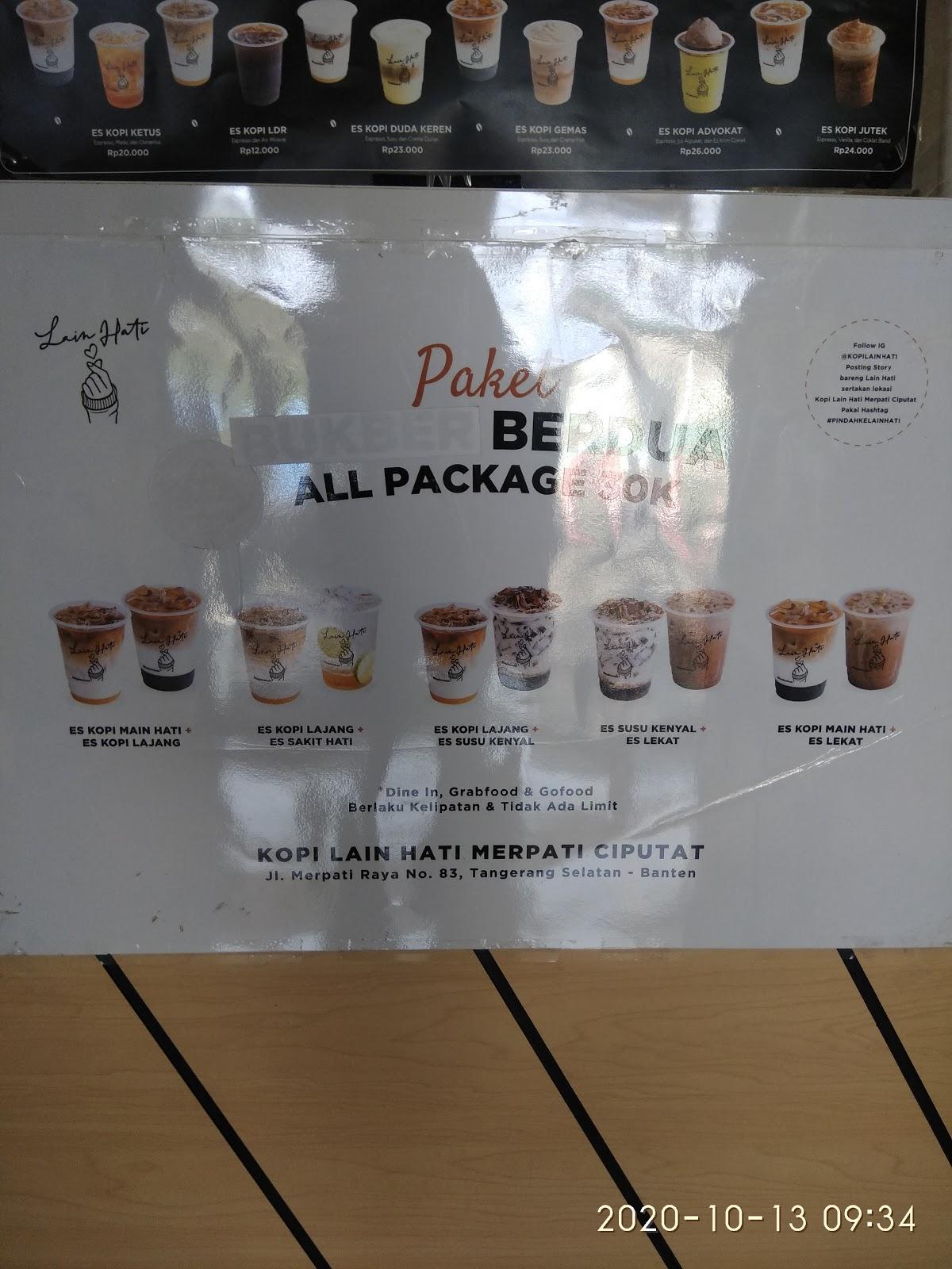 Menu at Kopi Lain Hati cafe, South Tangerang, Jl. Merpati Raya No.83