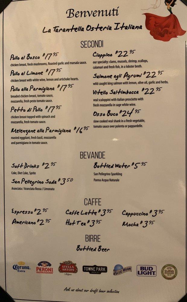 Menu at La Tarantella Osteria restaurant, Long Beach