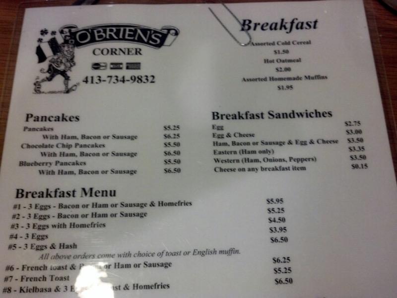 Menu at O'Brien's Corner pub & bar, Springfield