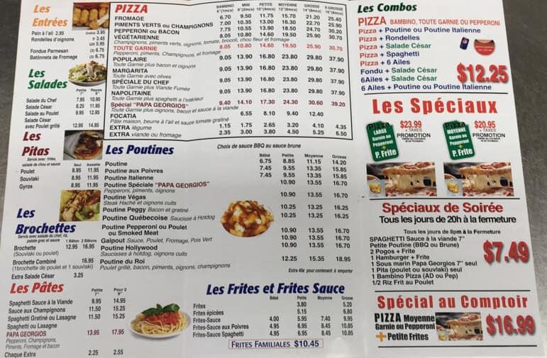 Menu at Papa Georgios restaurant, Trois-Rivières