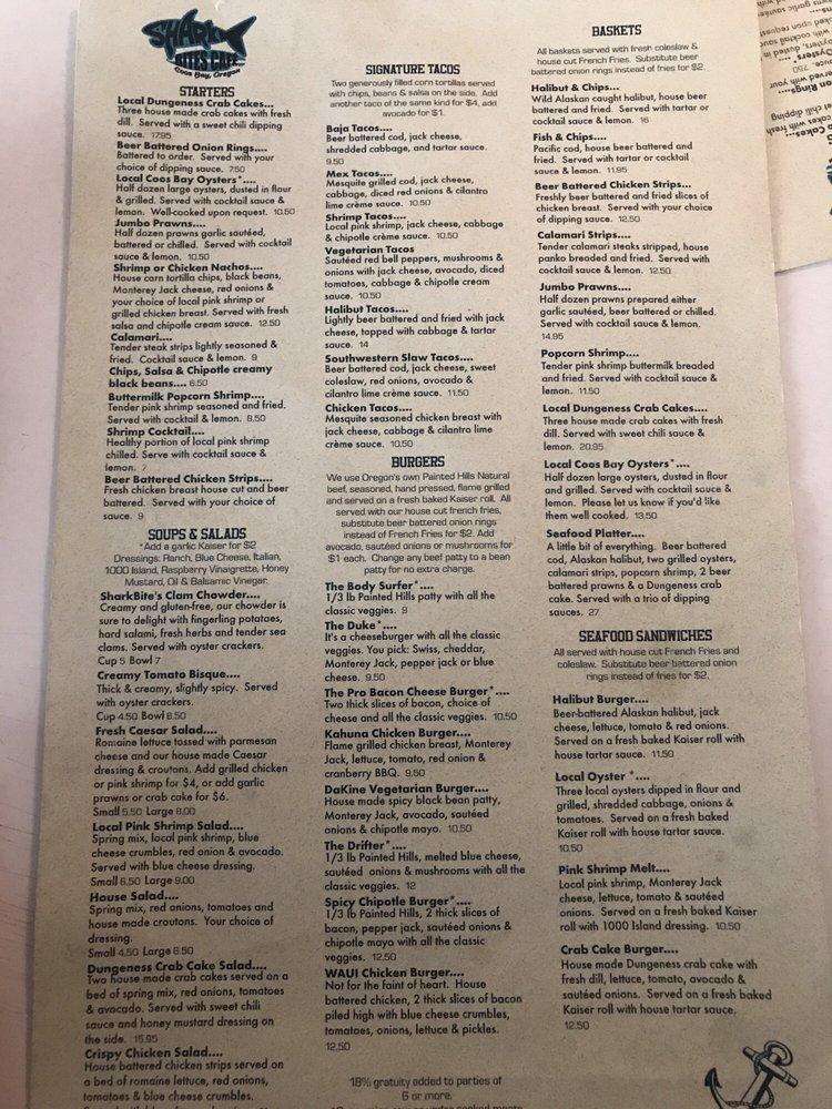Menu at SharkBite's Seafood Cafe, Coos Bay