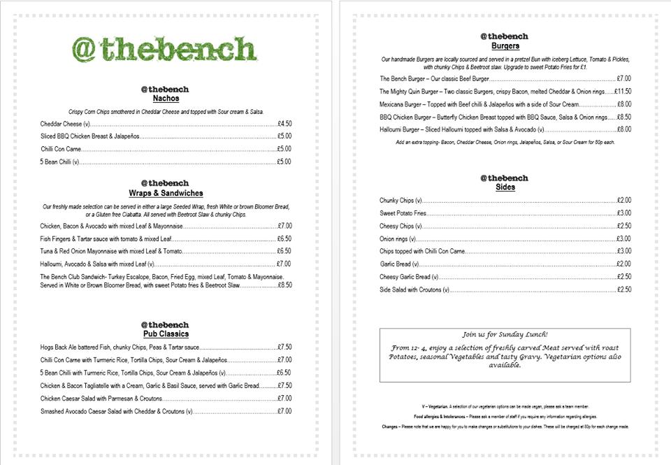 Menu at The Bench Sports Bar, Guildford