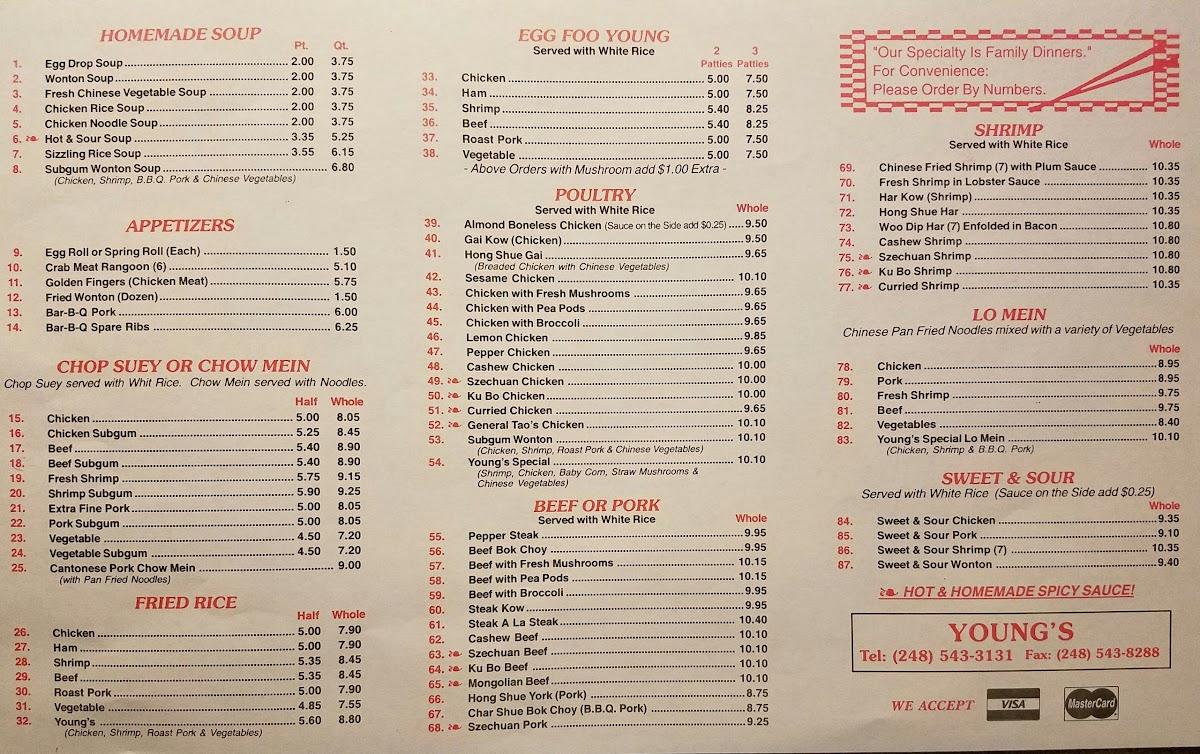 Menu at Young's Chinese Food Carryout restaurant, Royal Oak