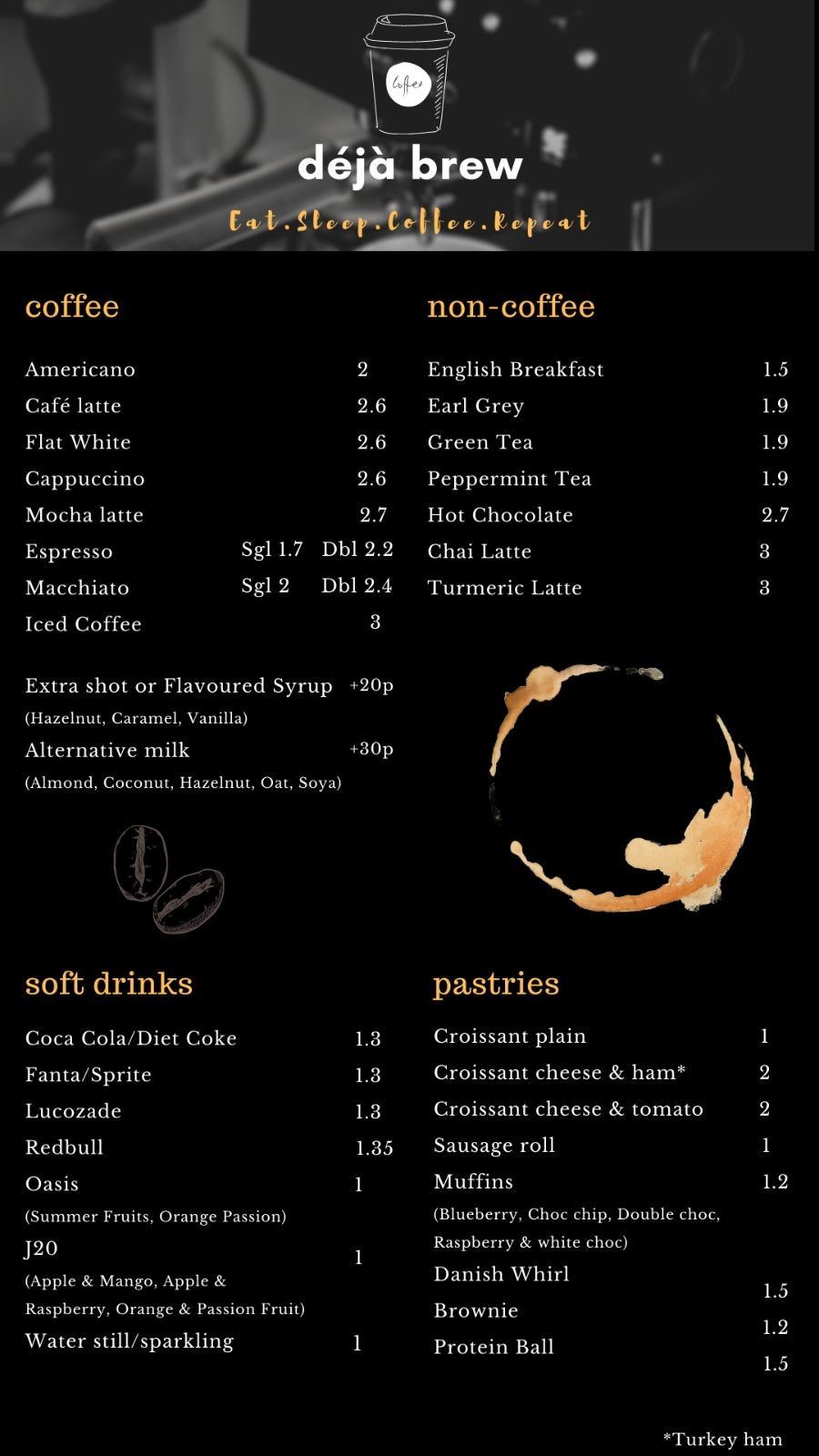 Menu at Deja Brew cafe, London