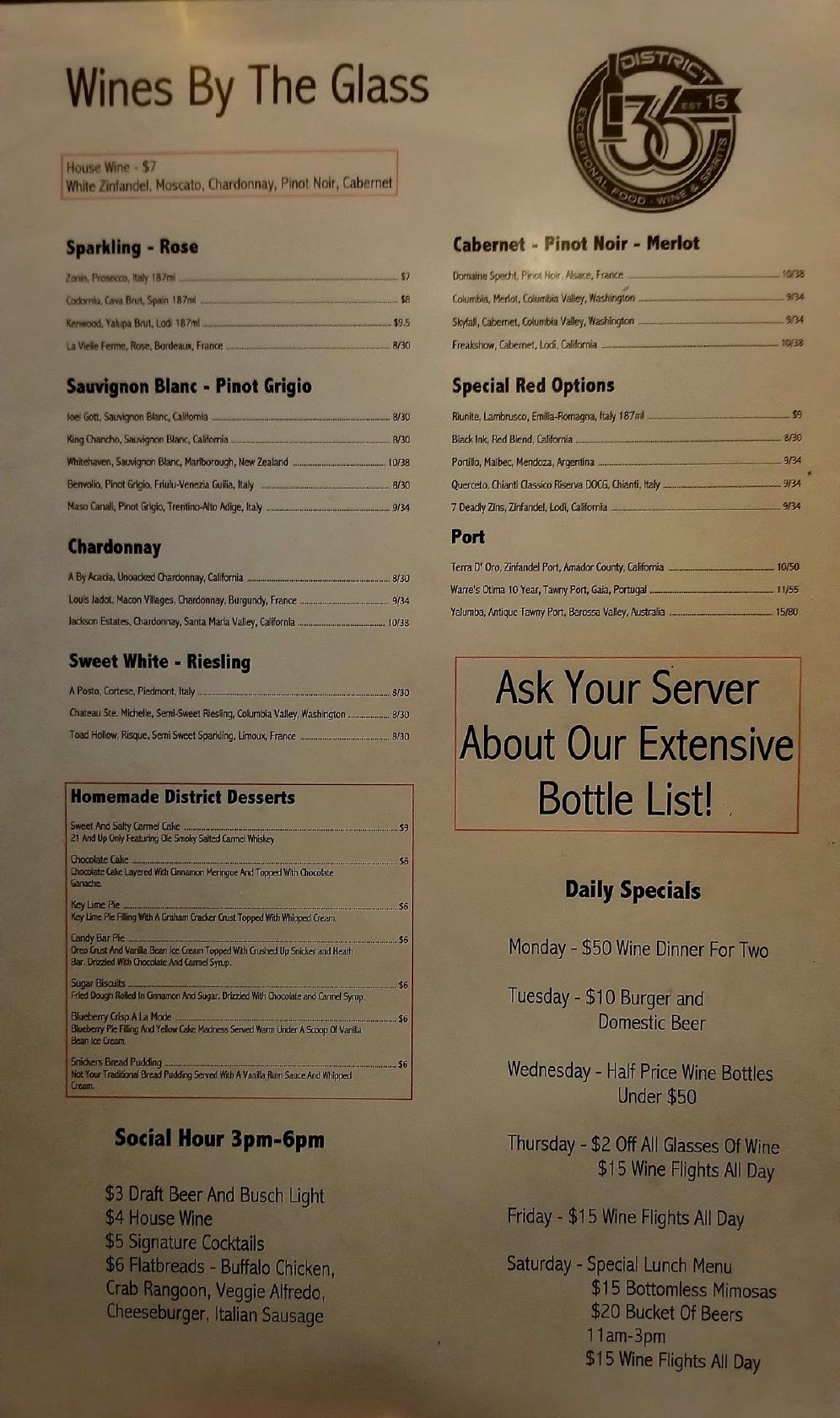 Menu at District 36 Wine Bar & Grille, Ankeny