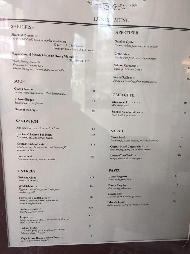 Menu at Fishworks restaurant, North Vancouver