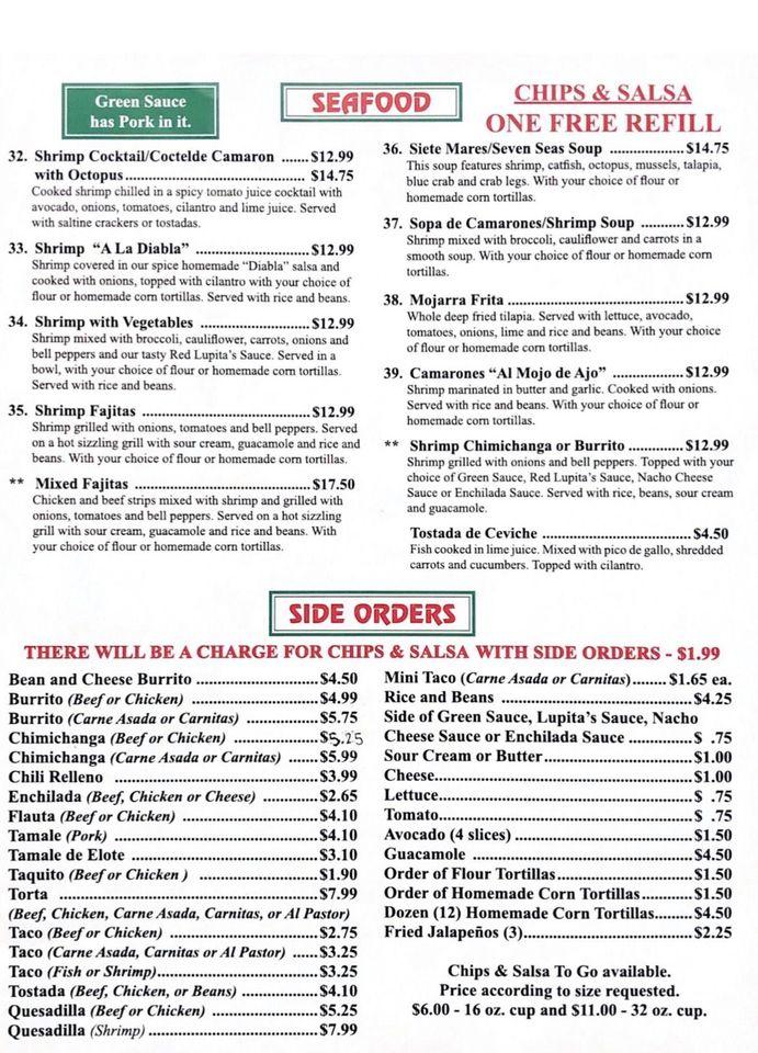 Menu at Lupita's Mexican Restaurant, Cedar City