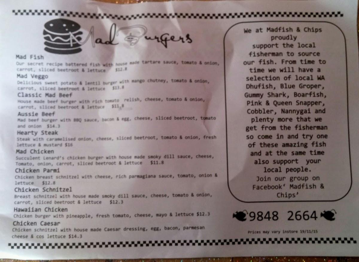 Menu at Madfish & Chips restaurant, Denmark